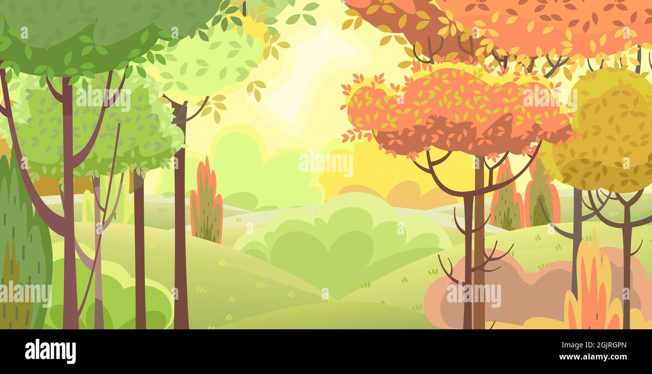Forest. Funny beautiful autumn landscape. Foliage. Cartoon style. Hills ...