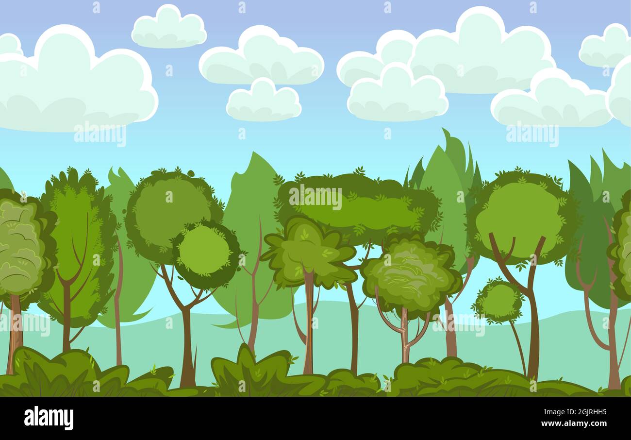 Summer forest. Illustration nature landscape. Dense foliage and shrubs ...