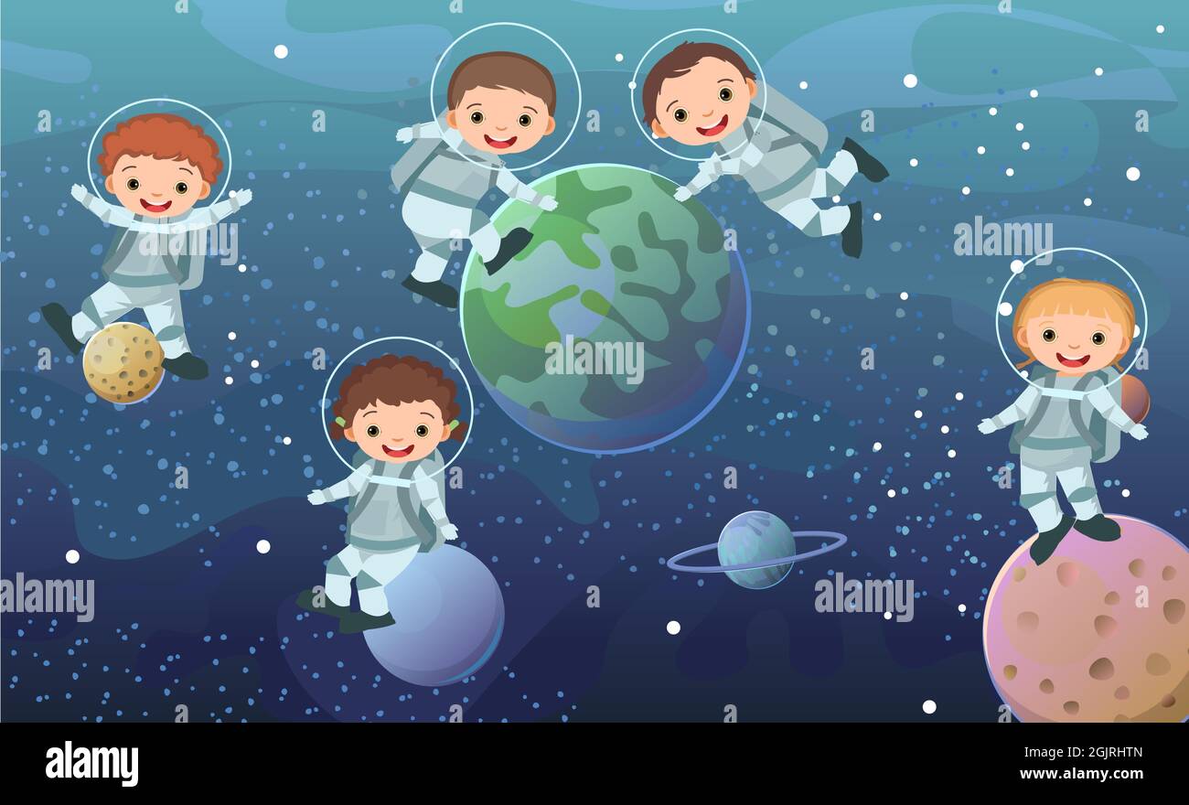 Children in space. Astronauts in spacesuits. Ride on the planets ...