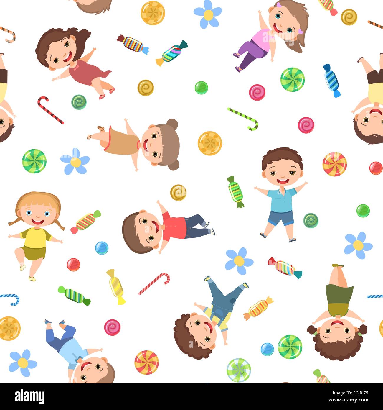 Happy childhood. Seamless pattern. Little boys and girls. Kid jumping ...