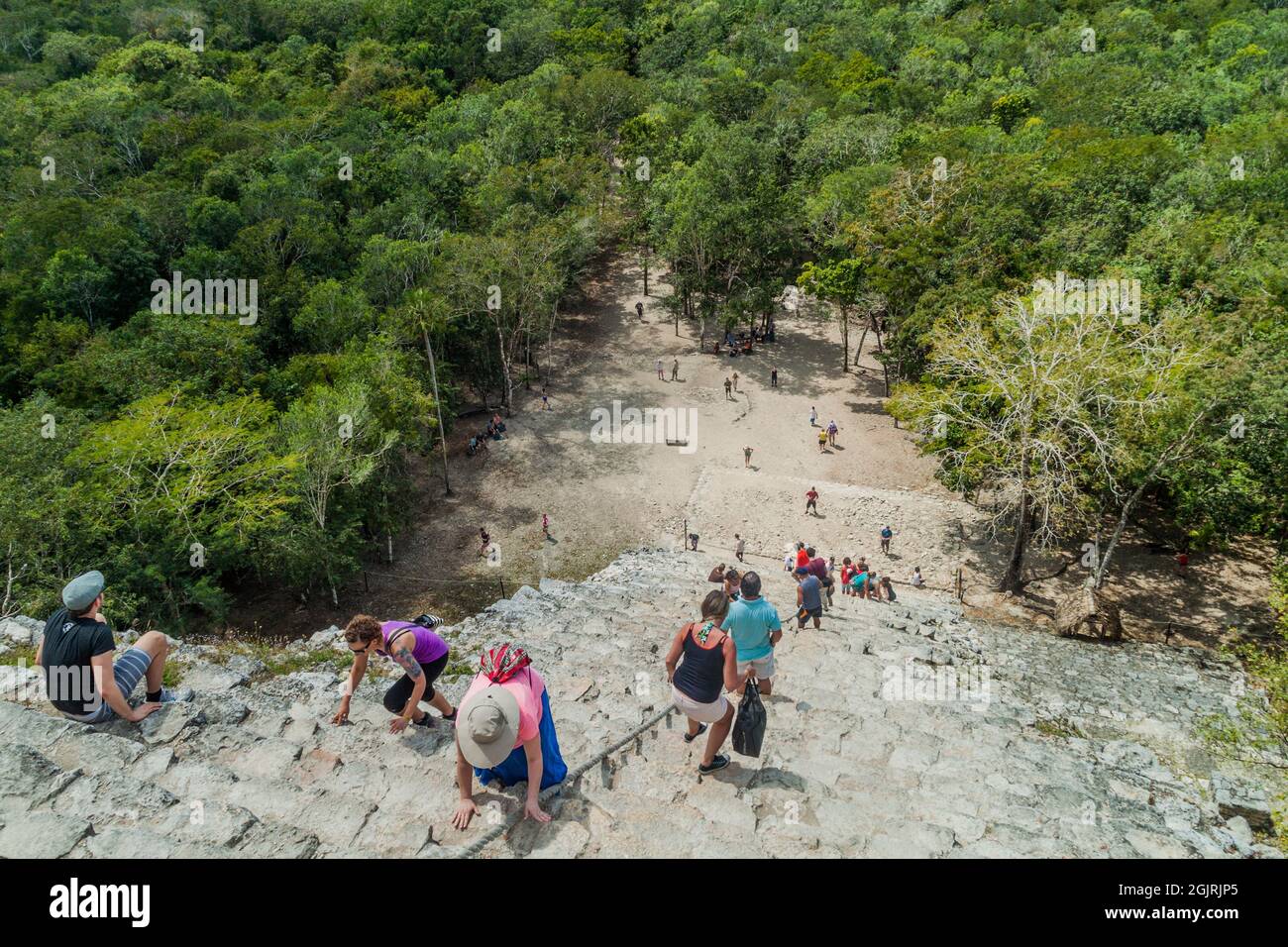 COBA, MEXICO - MARCH 1, 2016: Tourist climb the Pyramid Nohoch Mul at ...