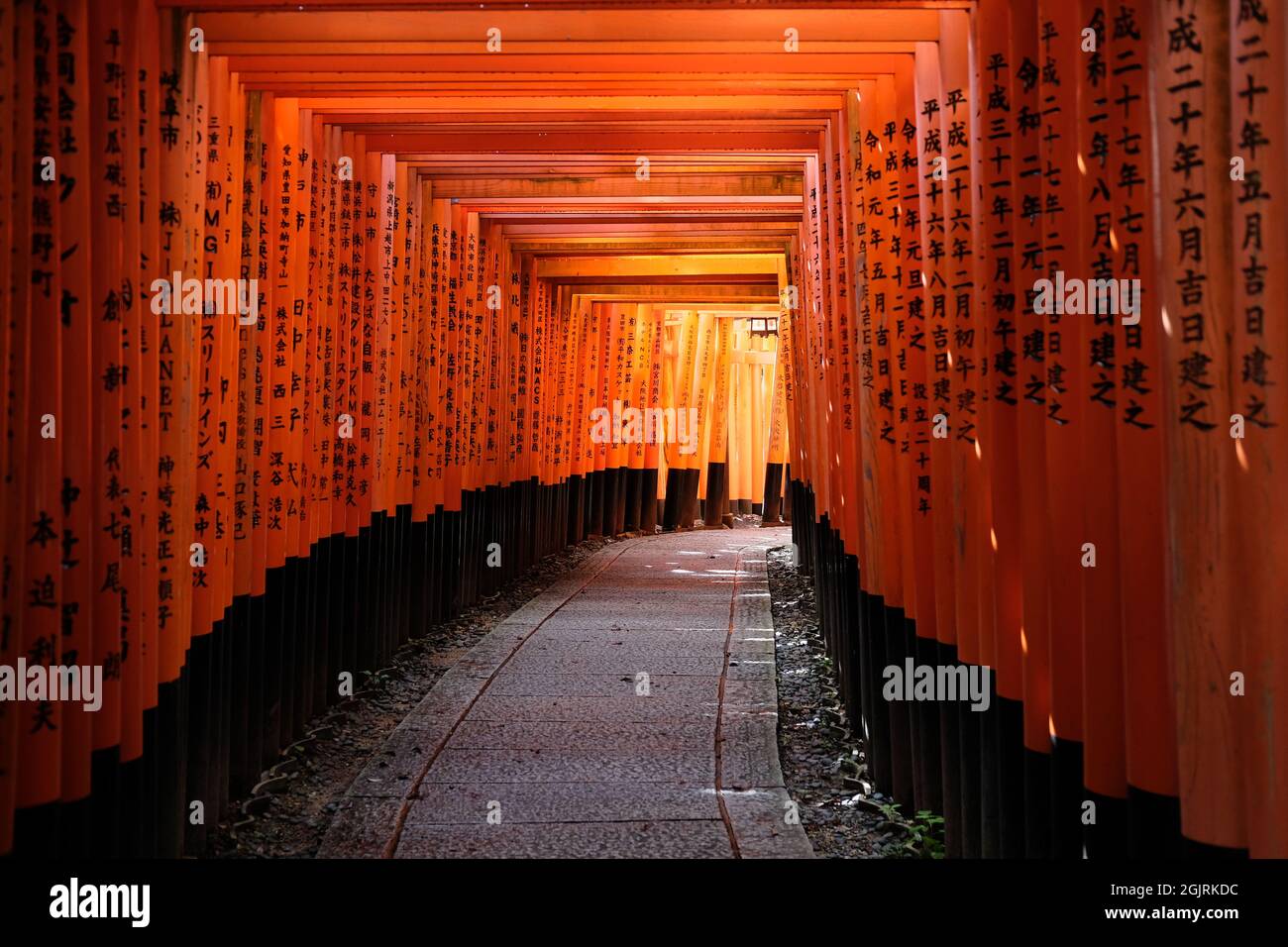 path through red torii gates in Fushimi Inari kyoto Japan Stock Photo ...