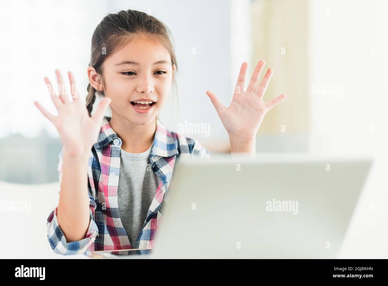 Happy student girl study online on laptop.Saying hi Stock Photo - Alamy