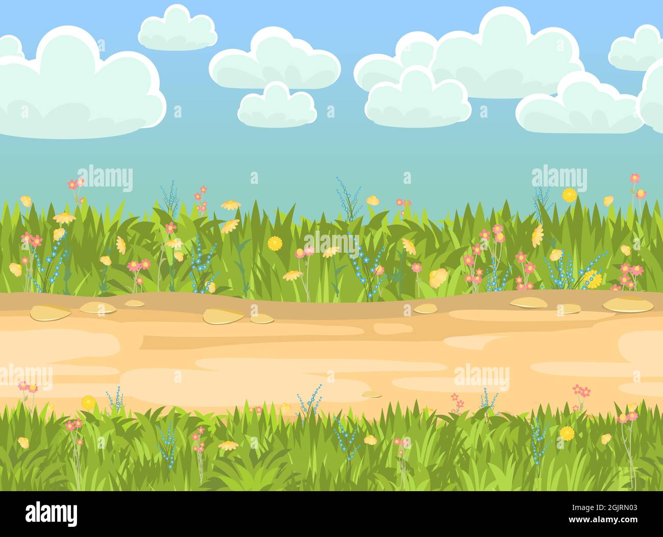 Seamless sandy road. Horizontal border composition. Summer meadow ...