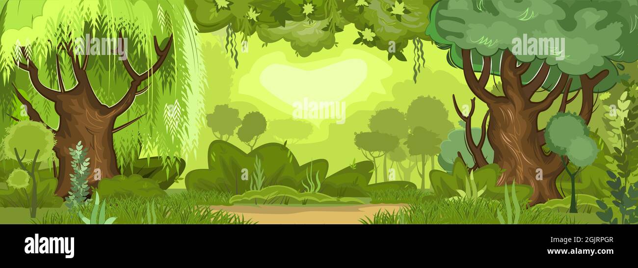 Summer forest landscape. Dense foliage, shrubs and a clearing at the ...