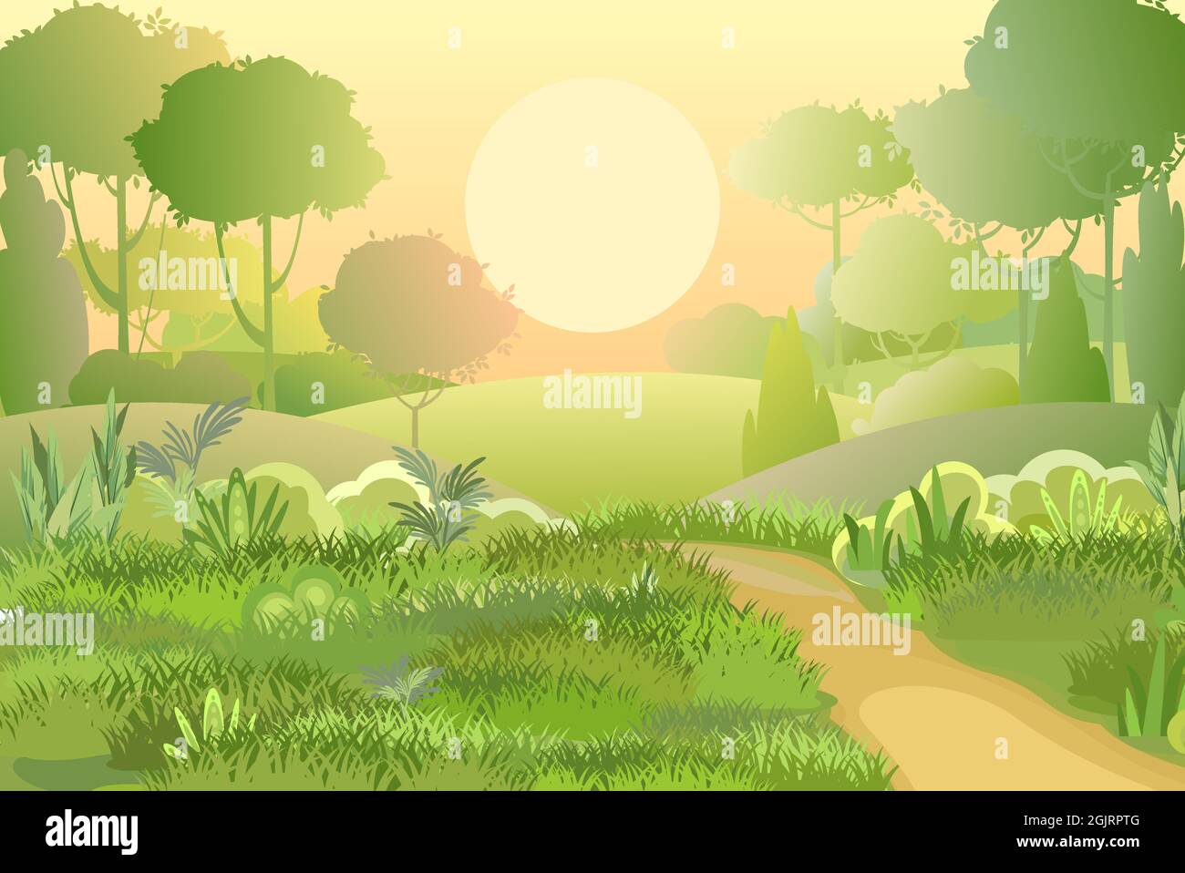 Road. Amusing beautiful forest landscape. Sunrise. Cartoon style. The ...