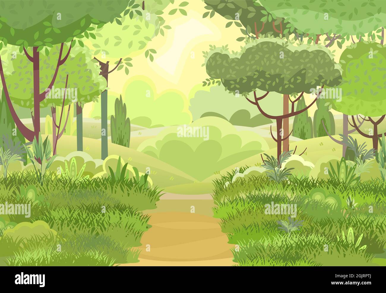 Road. Amusing beautiful forest landscape. Cartoon style. Leaves. The ...