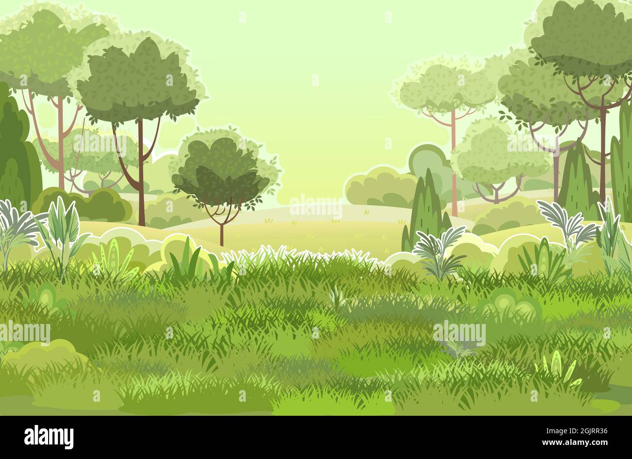 Glade Amusing Beautiful Vegetation Landscape Green Cartoon Style