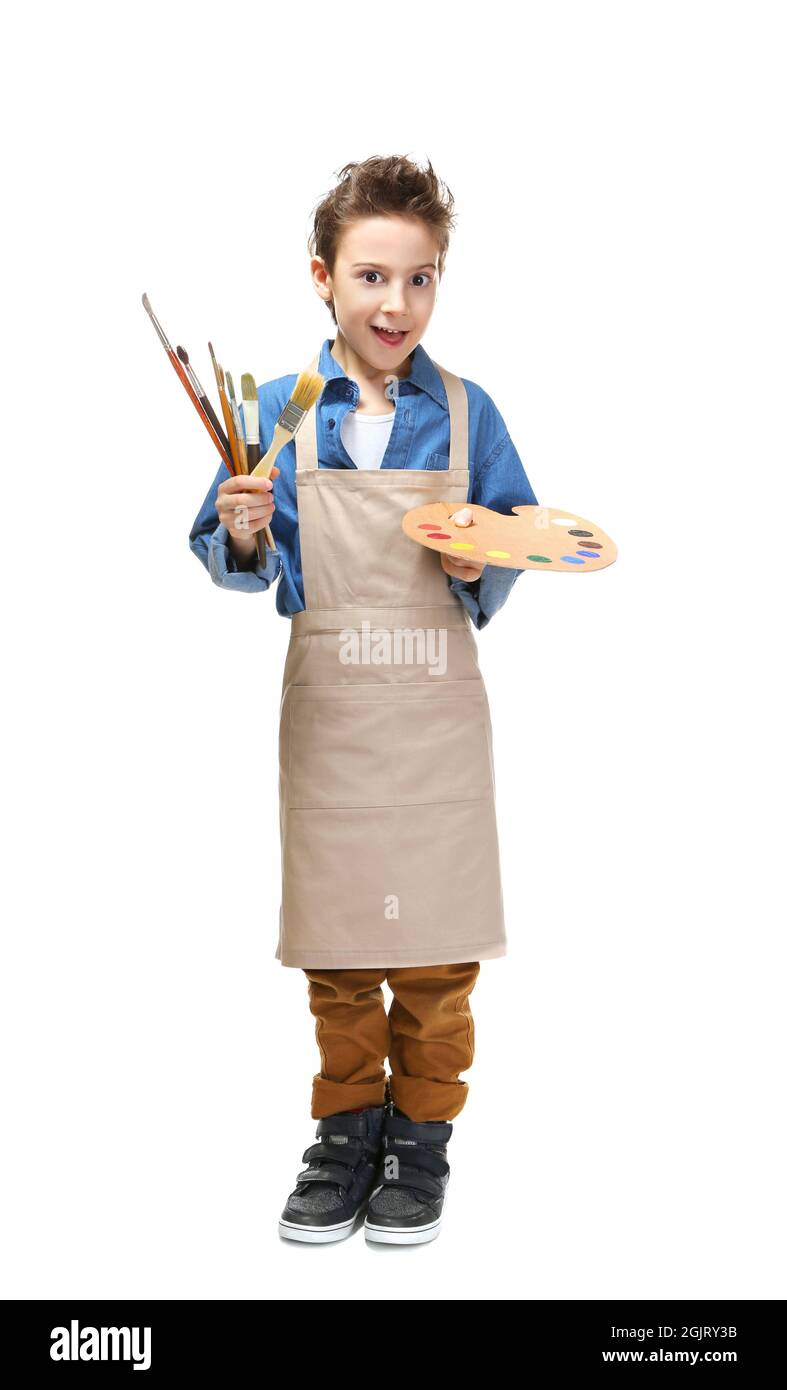 Cute little artist with brushes and palette on white background Stock ...