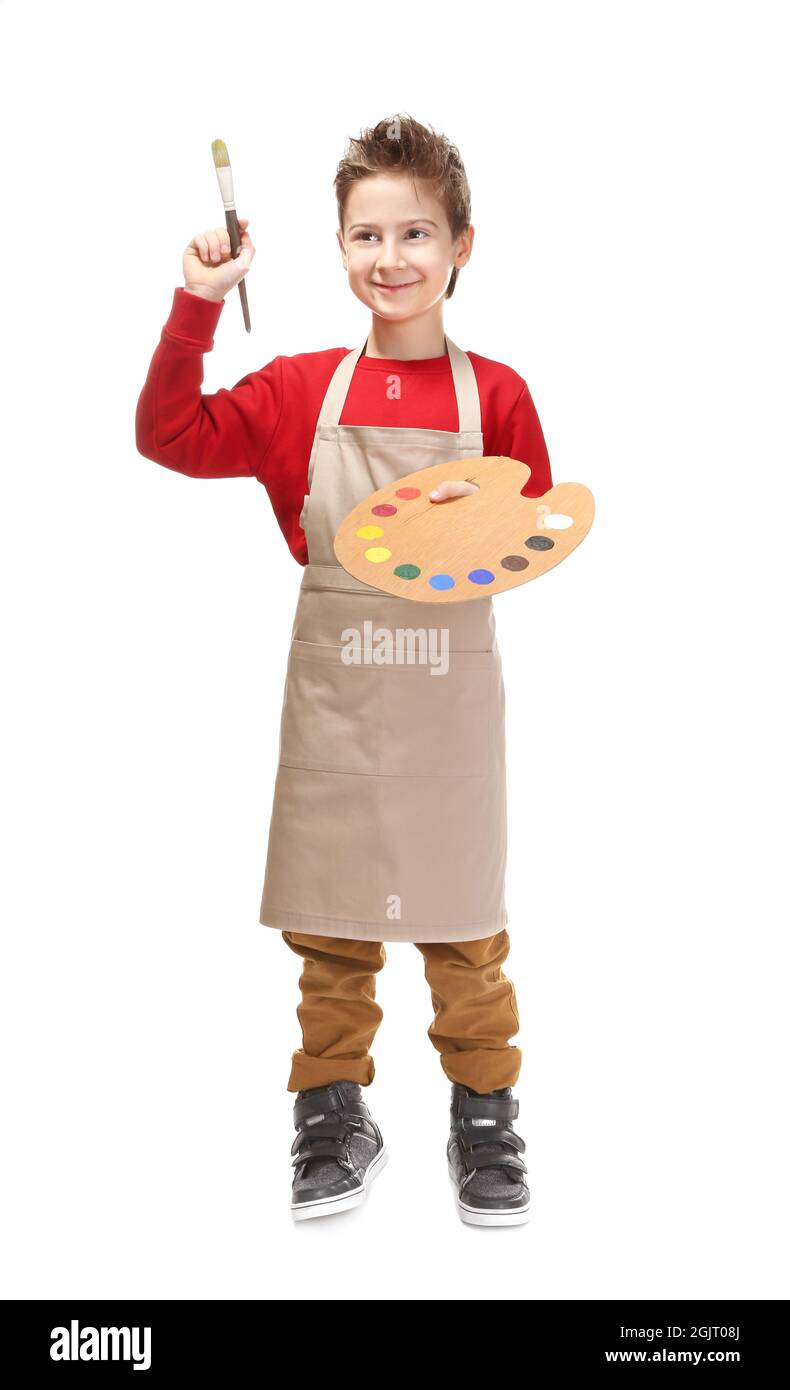 Cute little artist with brush and palette on white background Stock ...