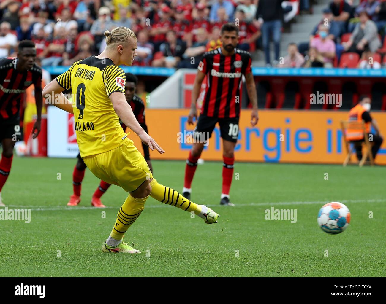 Leverkusen, Germany. 11th Sep, 2021. Erling Haaland of Dortmund shoots ...