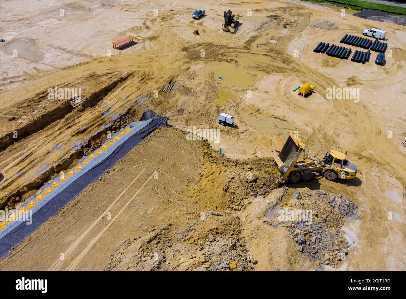 Panoramic aerial view of work preparing ground under construction in ...