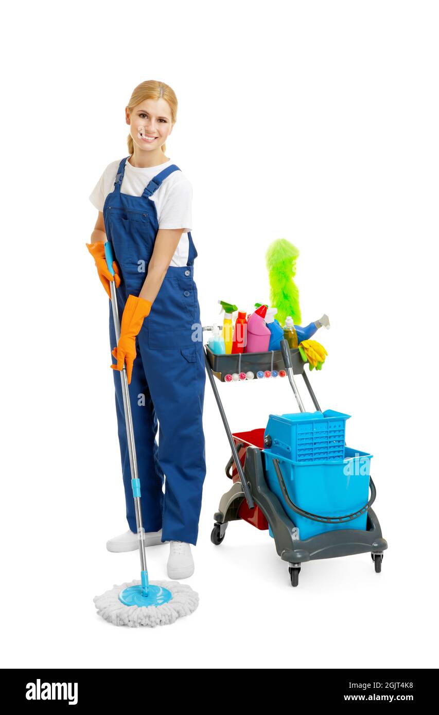 Beautiful woman with cleaning equipment on white background Stock Photo ...