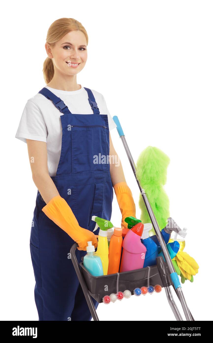 Woman with cleaning agents and supplies on white background Stock Photo ...