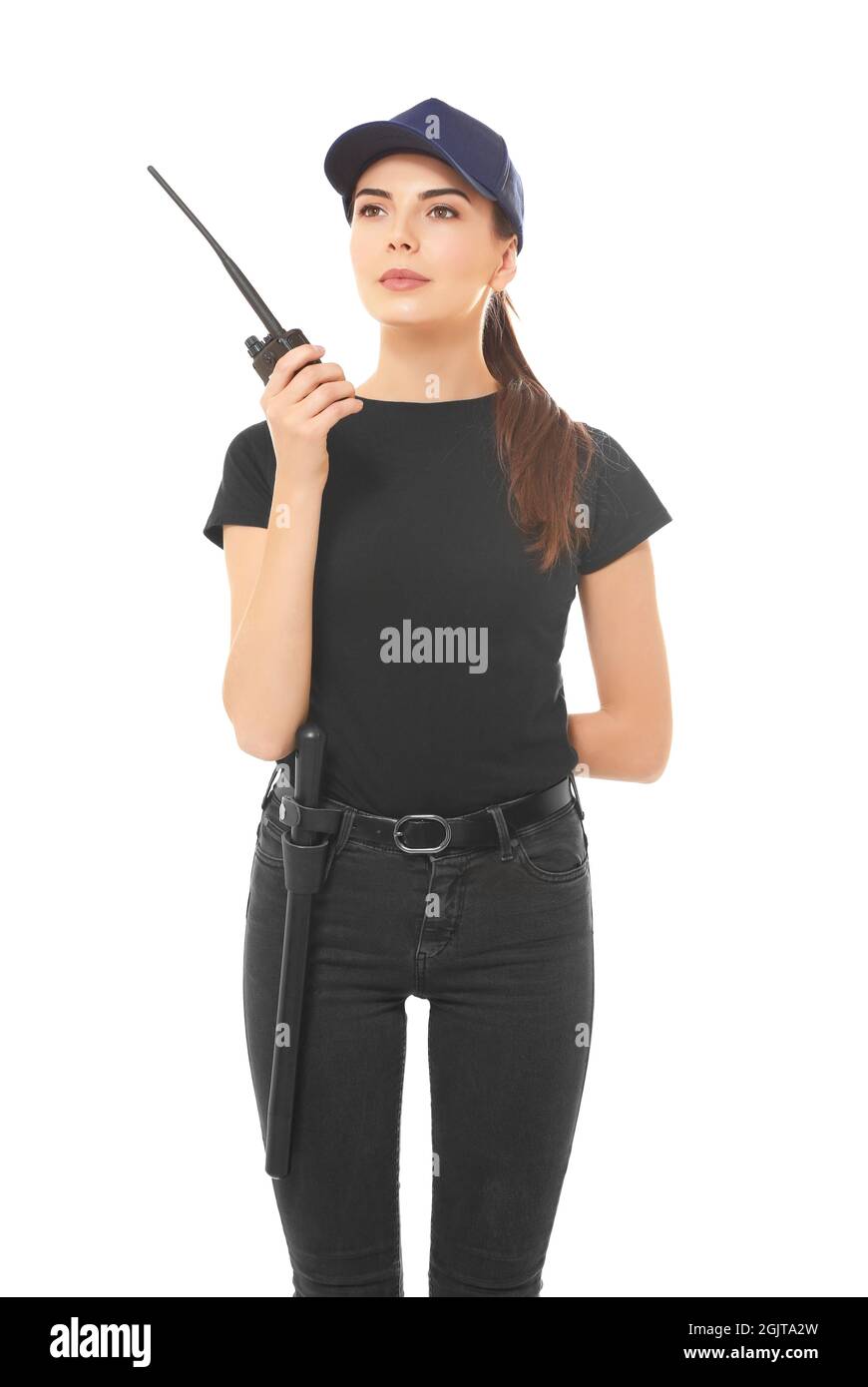 Beautiful young woman in security uniform on white background Stock ...