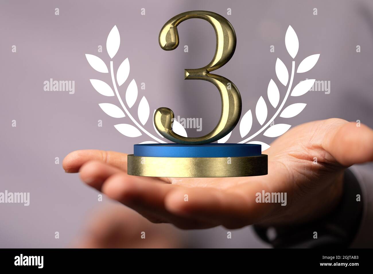 A person presenting the virtual projection of gold third-place trophy ...