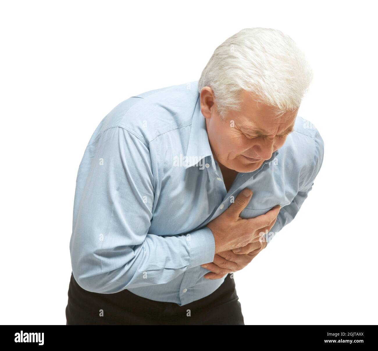 Man with chest pain suffering from heart attack on white background ...