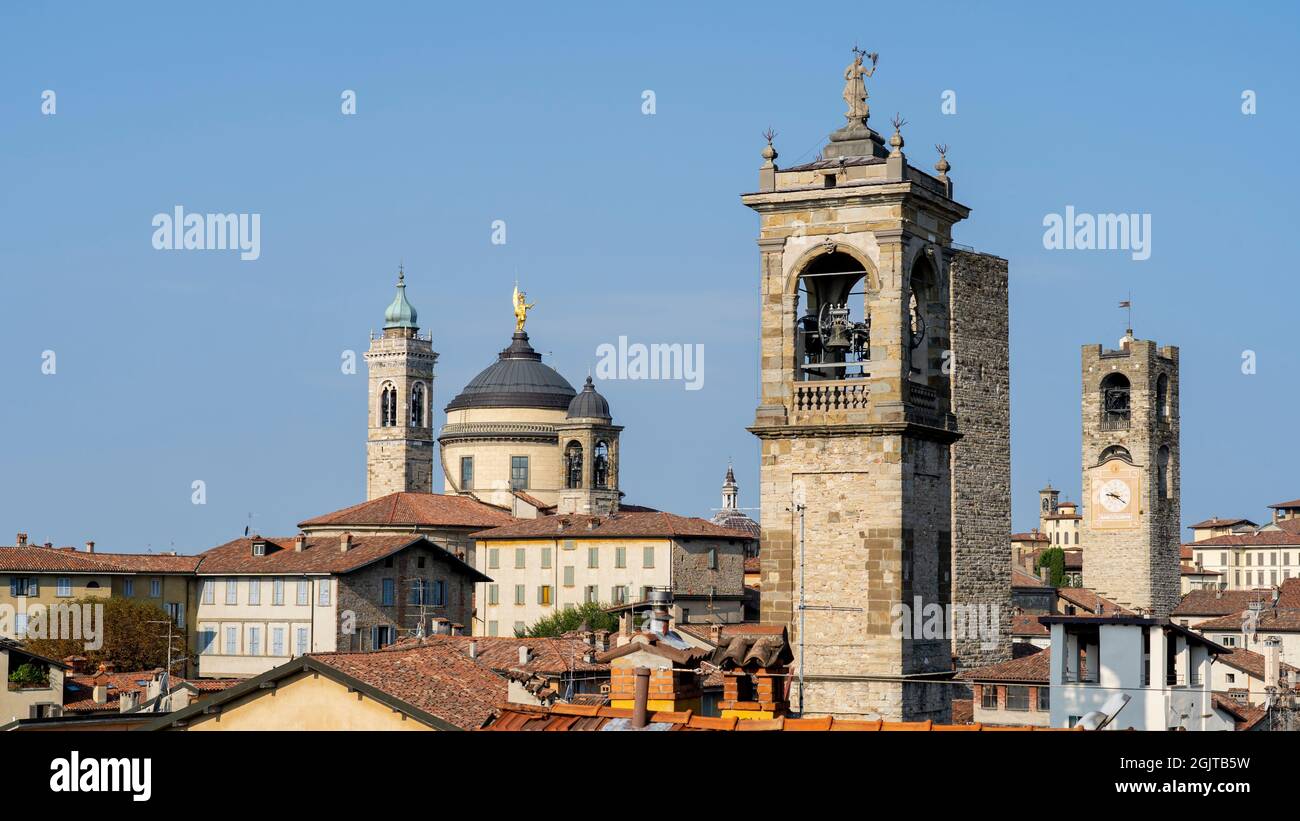 Bergamo, Italy. The old town. Landscape at the city center, the old ...