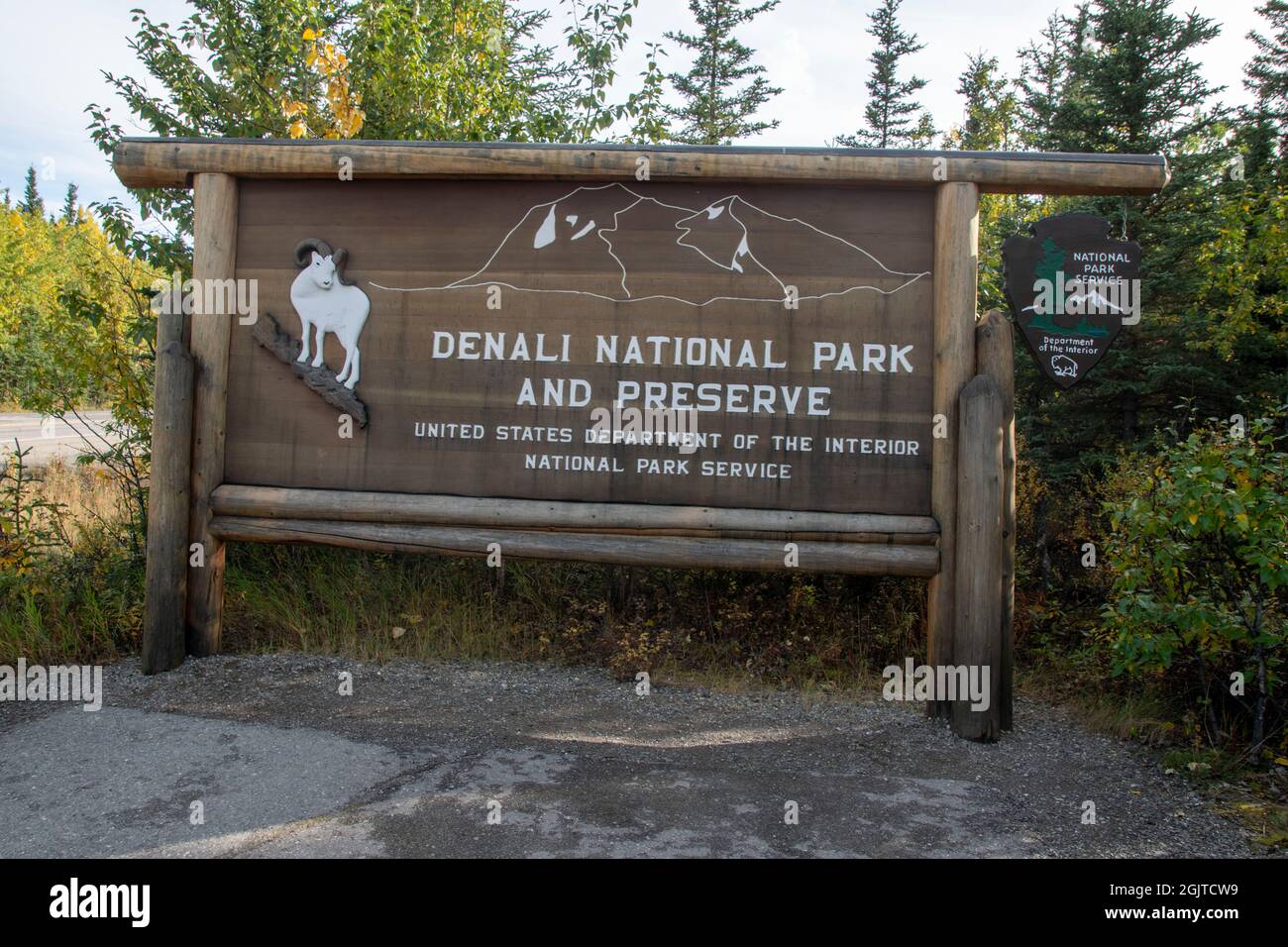 The welcome sign to Denali National Park in Alaska is a popular ...