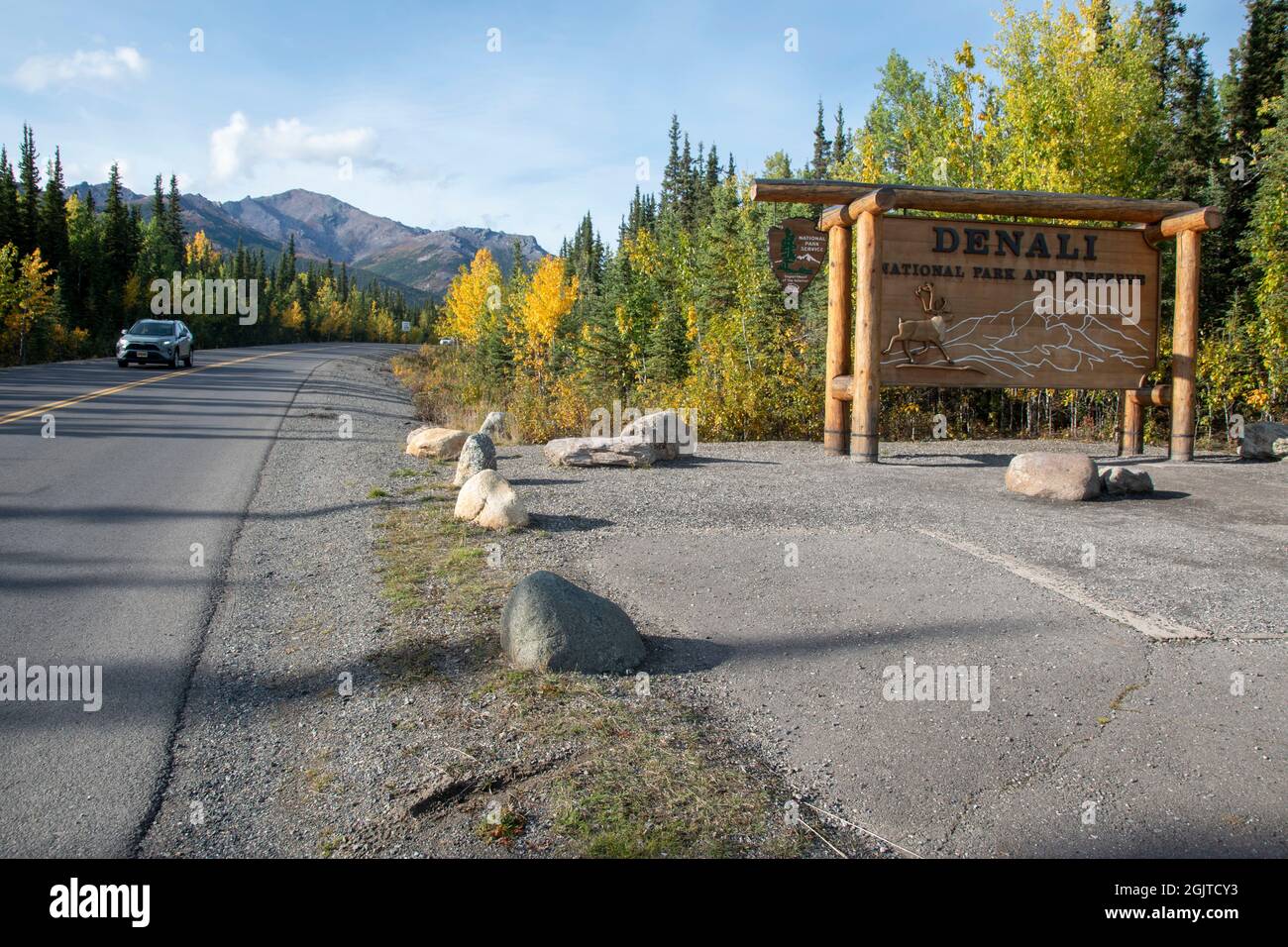 The welcome sign to Denali National Park in Alaska is a popular ...