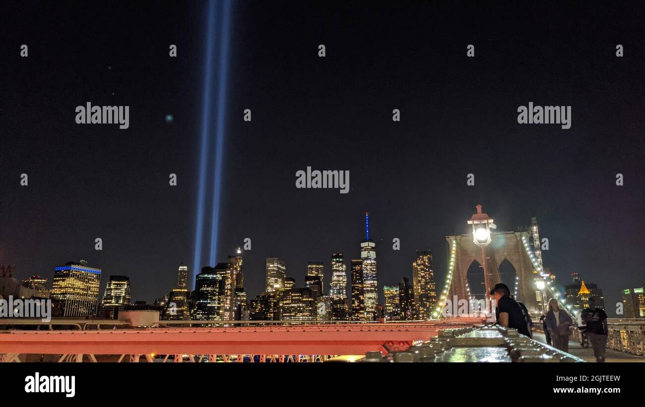 New York, United States. 11th Sep, 2021. 911 Tribute Light is seen over ...