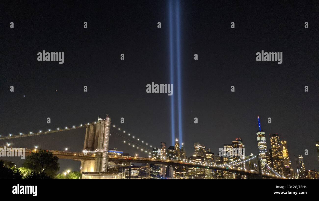 New York, United States. 11th Sep, 2021. 911 Tribute Light is seen over ...