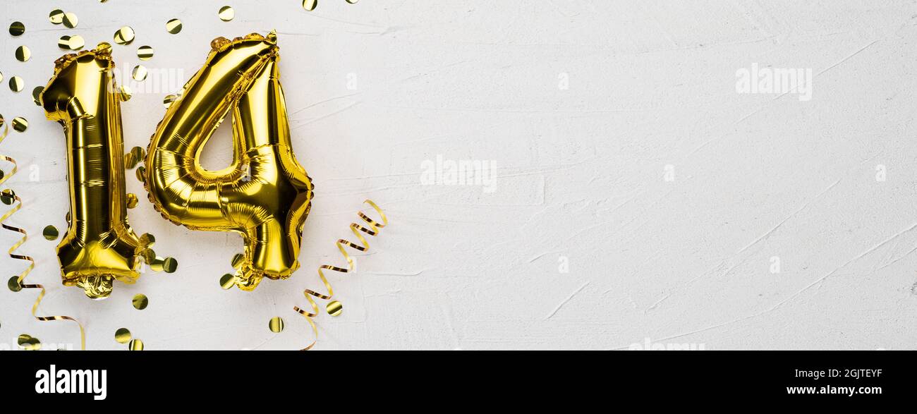 golden foil balloon number fourteen. Birthday or anniversary card with ...