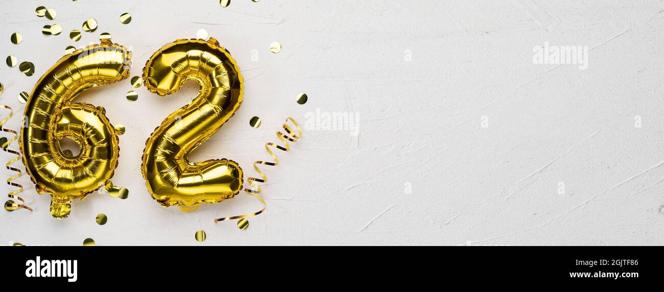 golden foil balloon number sixty two. Birthday or anniversary card with ...