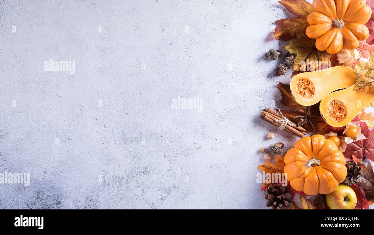 Thanksgiving background decoration from dry leaves and pumpkin on gray ...