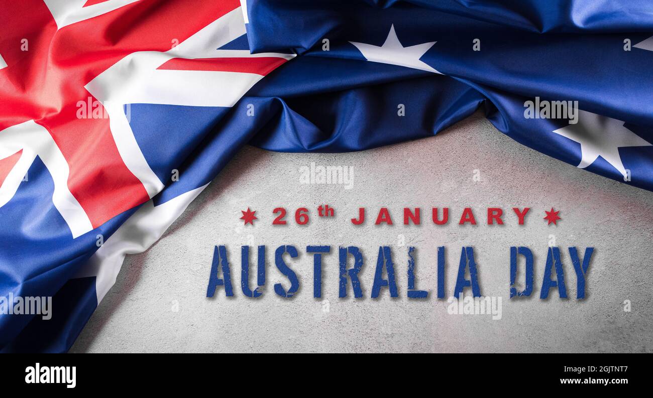 Happy Australia day concept. Australian flag against old stone ...