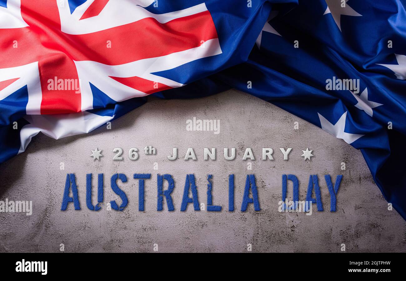 Happy Australia day concept. Australian flag against old stone ...