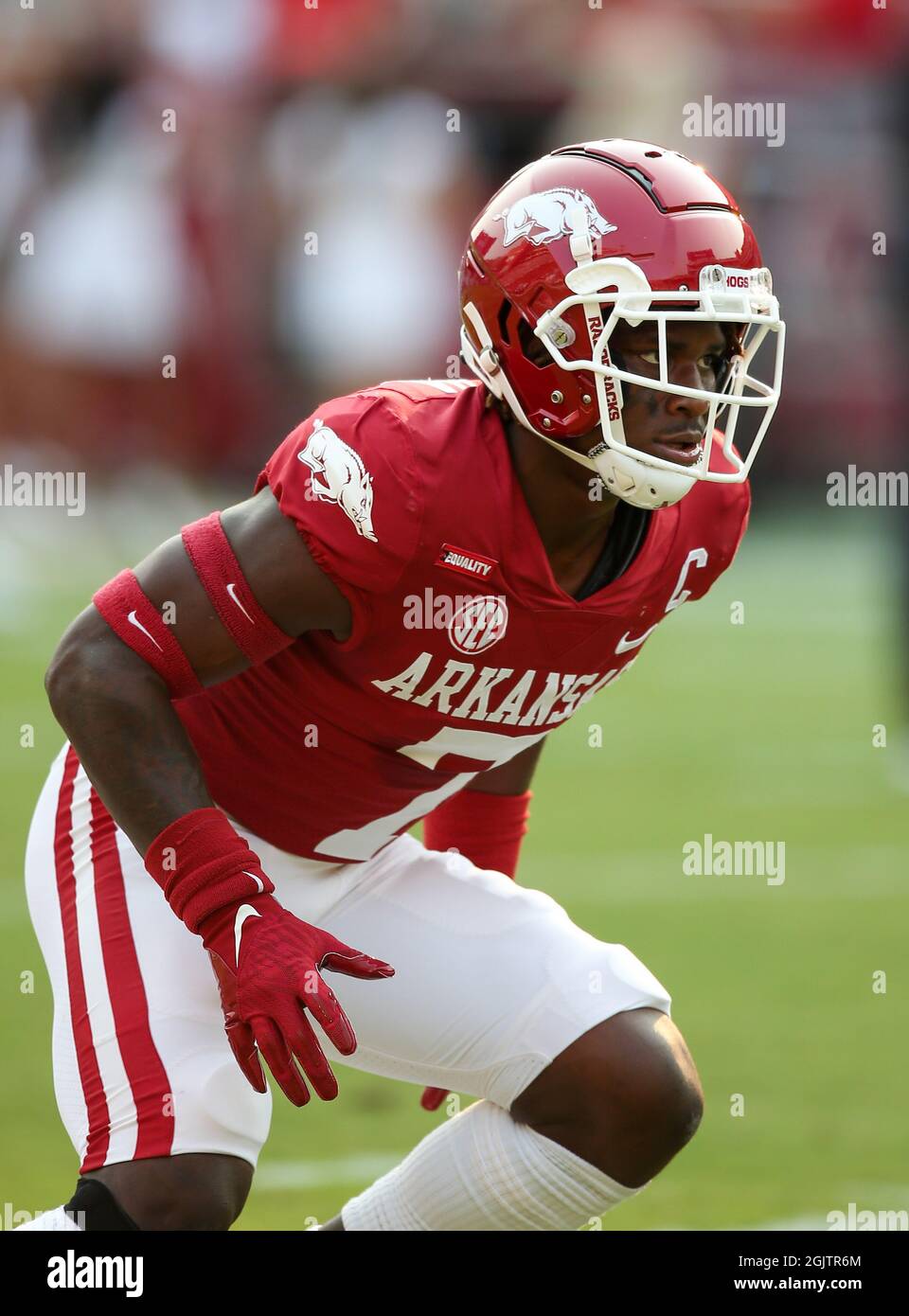 September 11, 2021: Joe Foucha #7 Arkansas defensive back moves as the ...