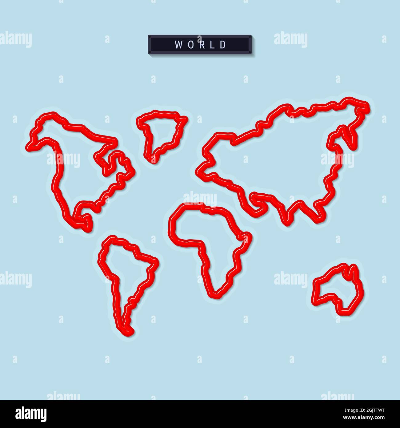 World Continents Bold Outline Map Glossy Red Border With Soft Shadow