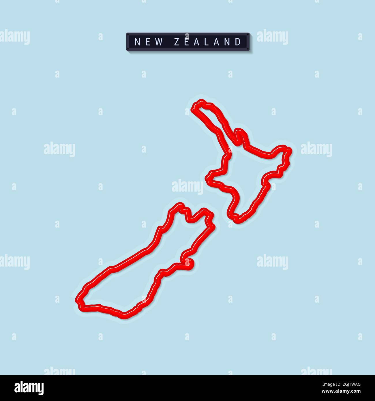 New Zealand Bold Outline Map Glossy Red Border With Soft Shadow