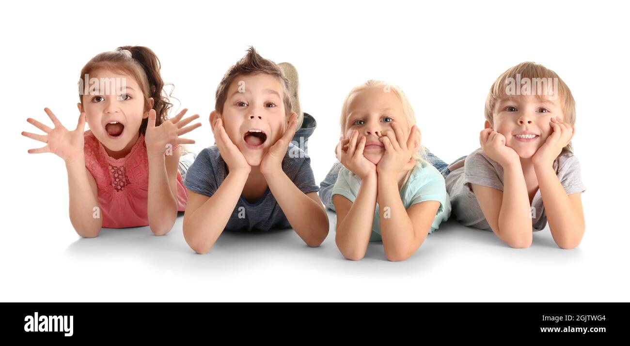 Cute little children on white background Stock Photo - Alamy