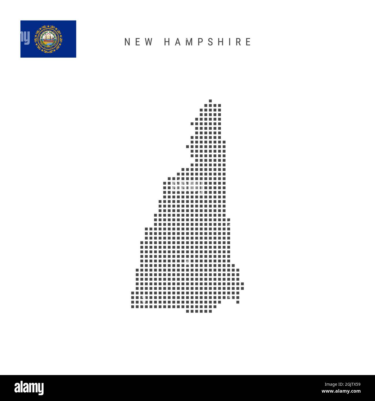 Square dots pattern map of New Hampshire. Dotted pixel map with flag isolated on white ...
