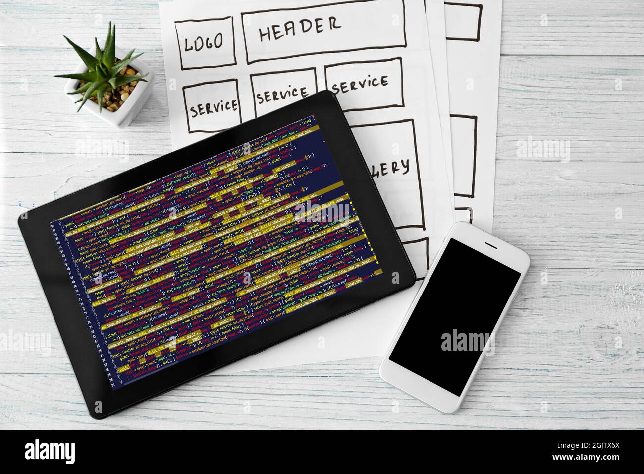 Programmer workplace concept. Digital tablet, flowcharts and smartphone ...