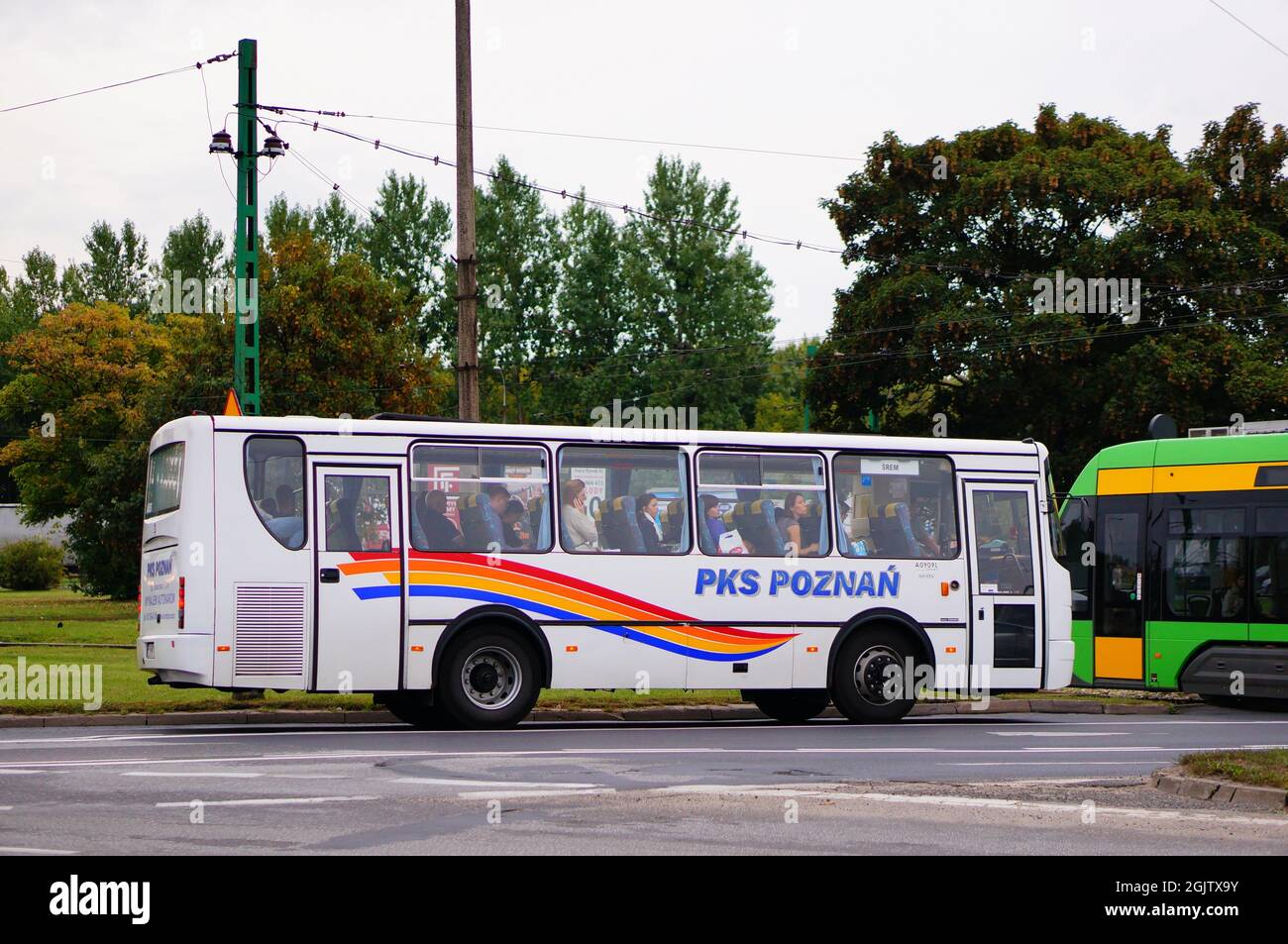 POZNAN, POLAND - Sep 11, 2013: PKS Poznan travel bus with passengers at ...