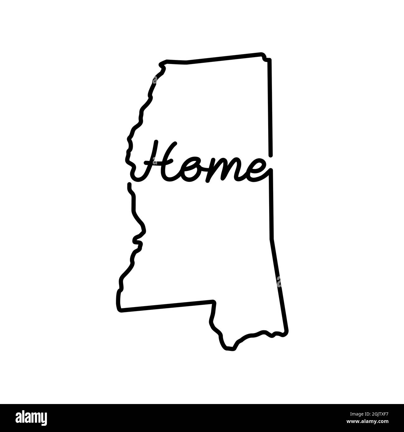 Mississippi US state outline map with the handwritten HOME word ...