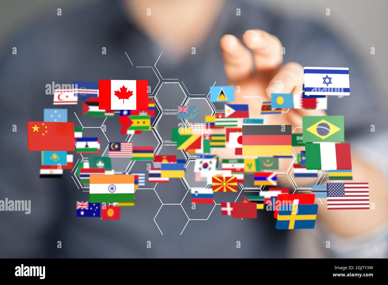 A person presenting the virtual projection of international country ...