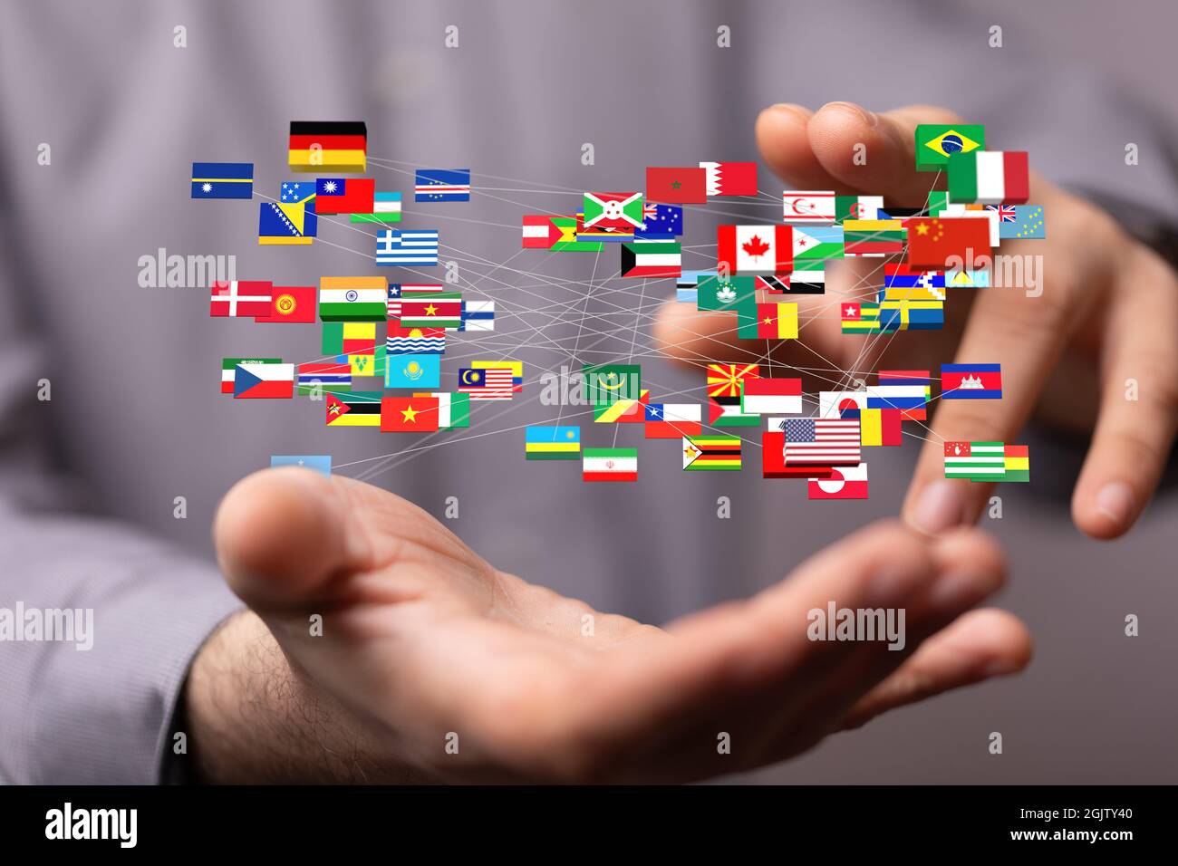 A person presenting the virtual projection of international country ...