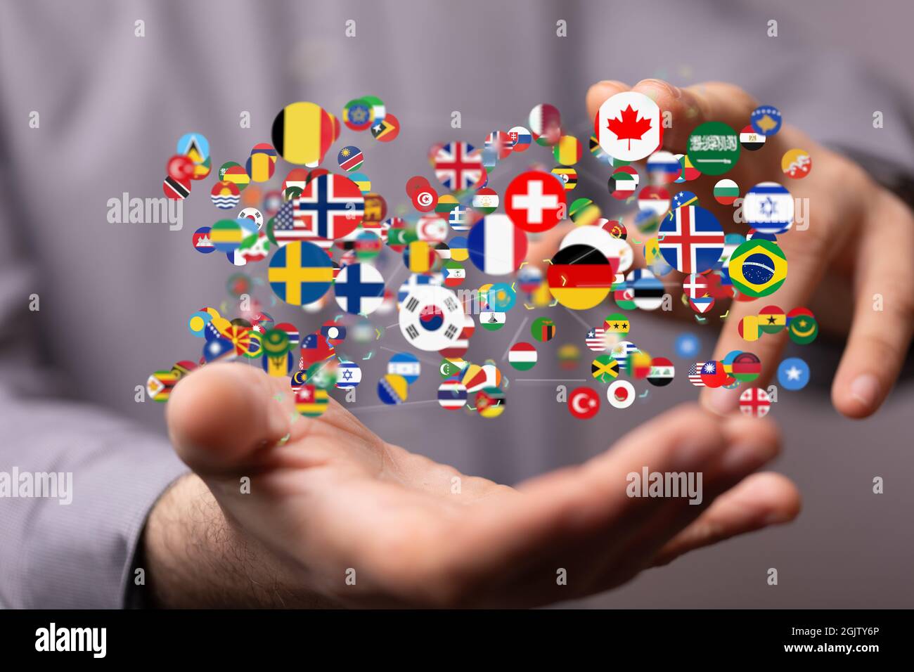 A person presenting the virtual projection of international country ...