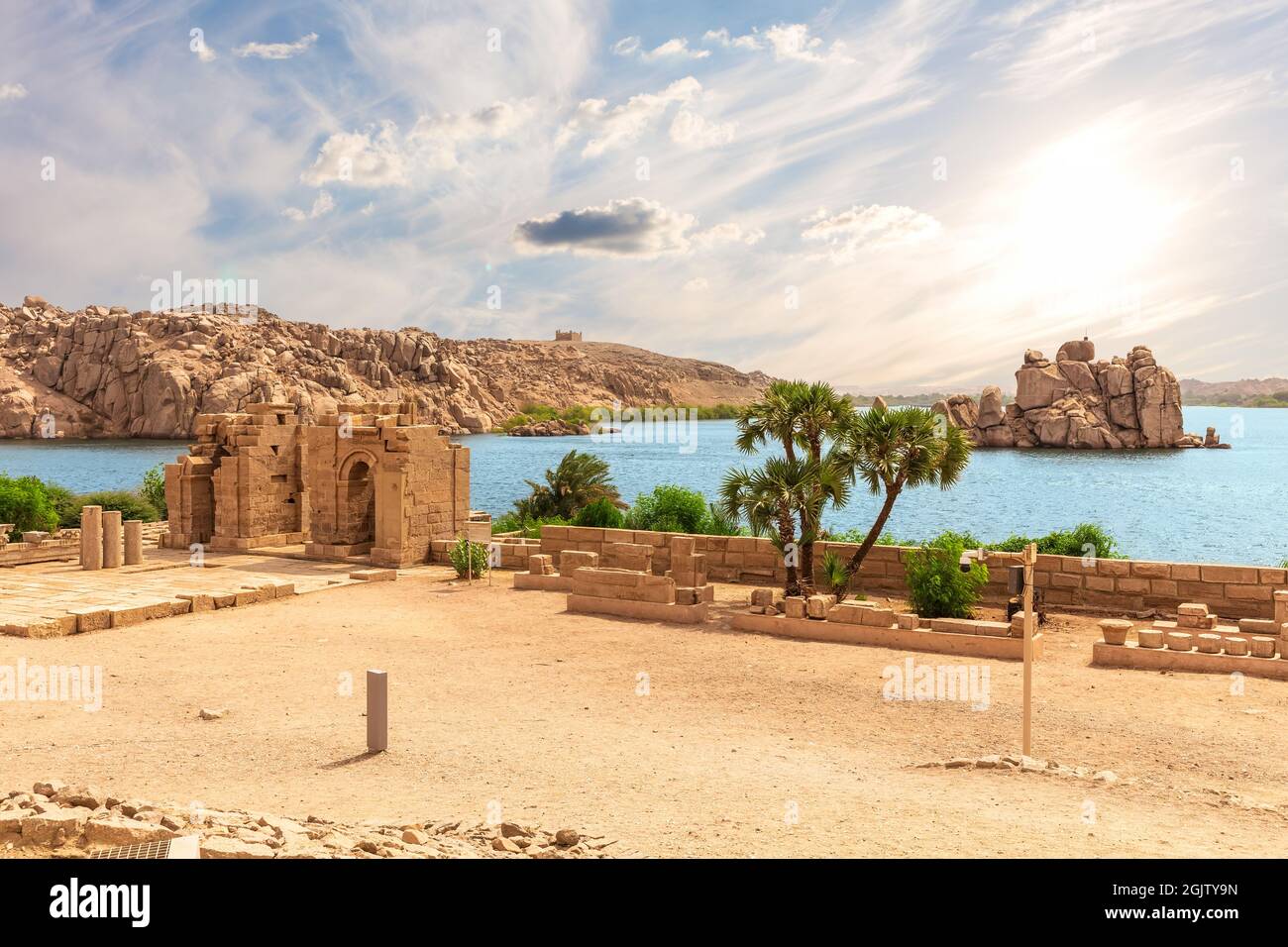 Temple arch ruins, Agilkia Island on the Nile, Aswan, Egypt Stock Photo ...