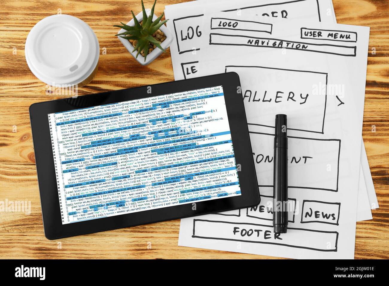 Programmer concept. Digital tablet, flowchart and cup of coffee on ...