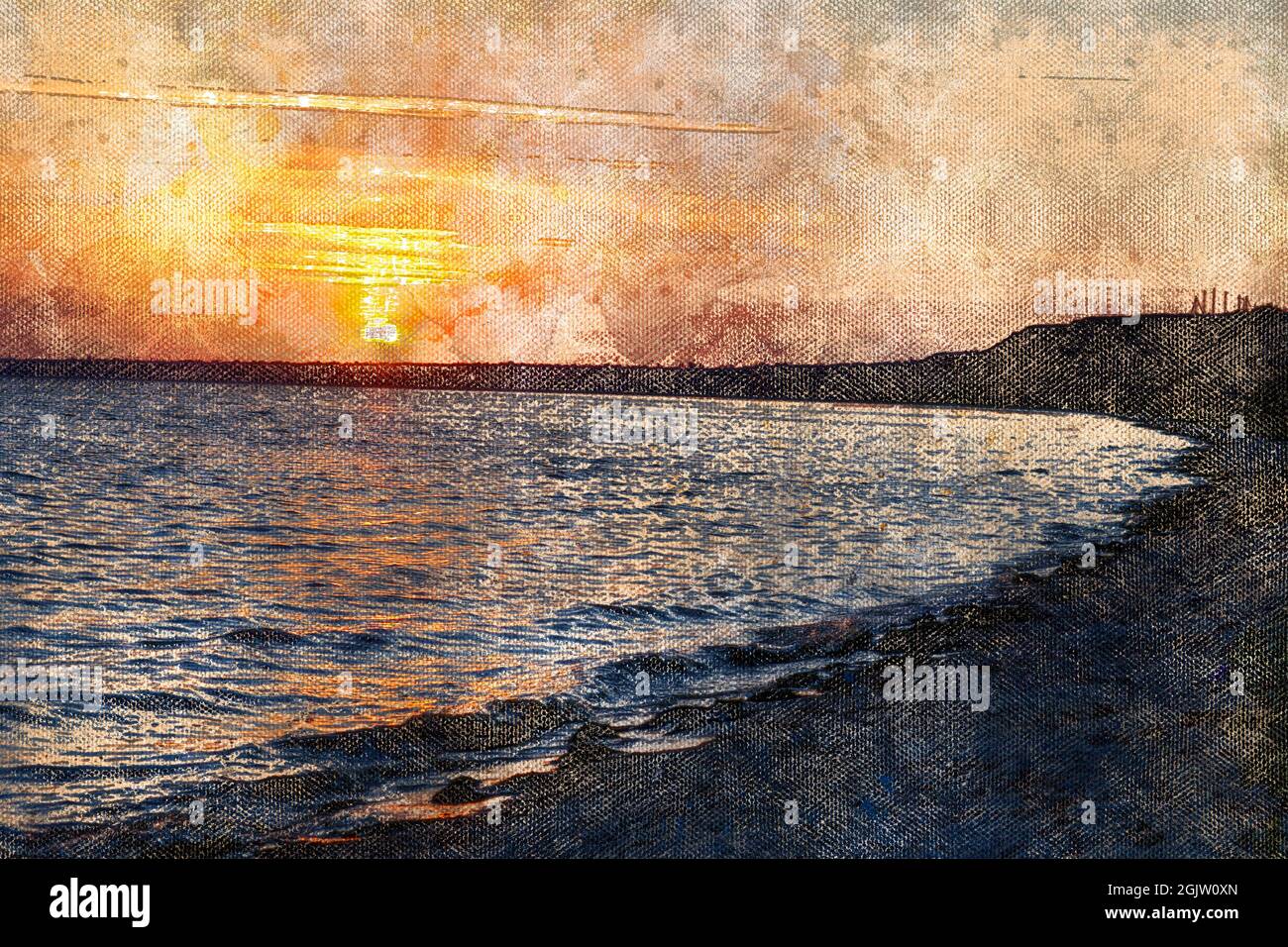 Delightful summer sunset over the seashore. A receding orange sun over ...