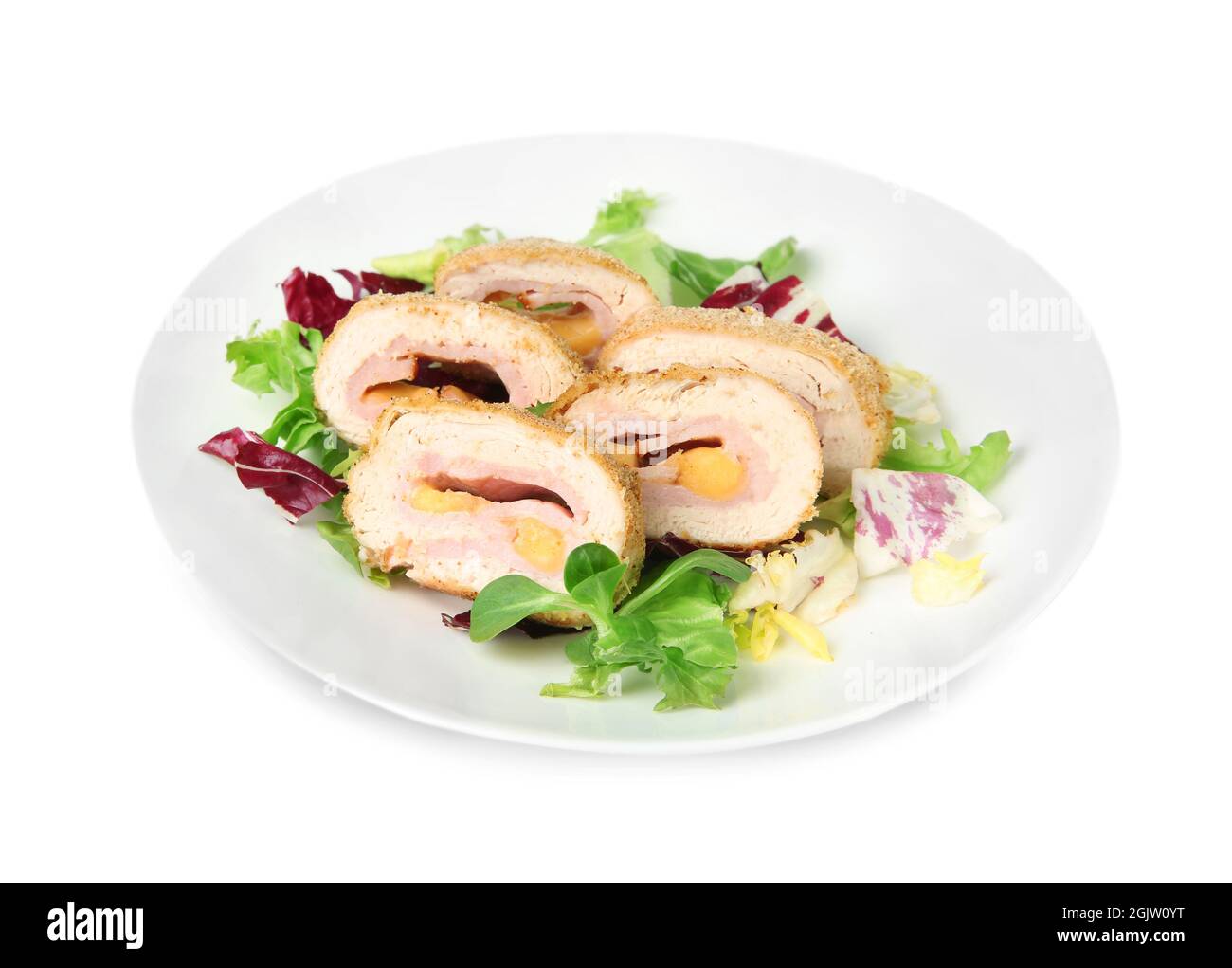 Plate with tasty chicken sliced roll on white background Stock Photo ...