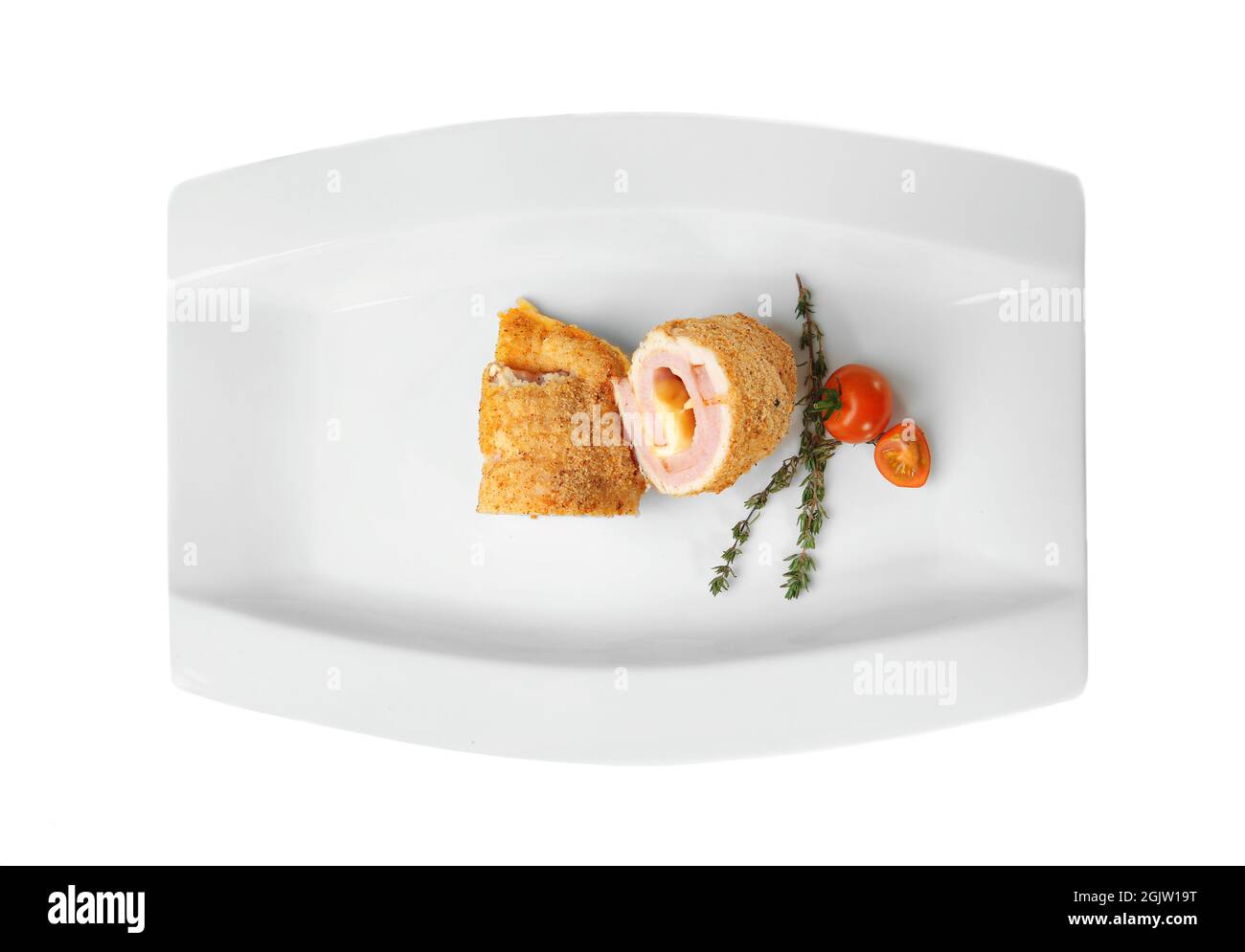 Plate with tasty chicken sliced roll on white background Stock Photo ...