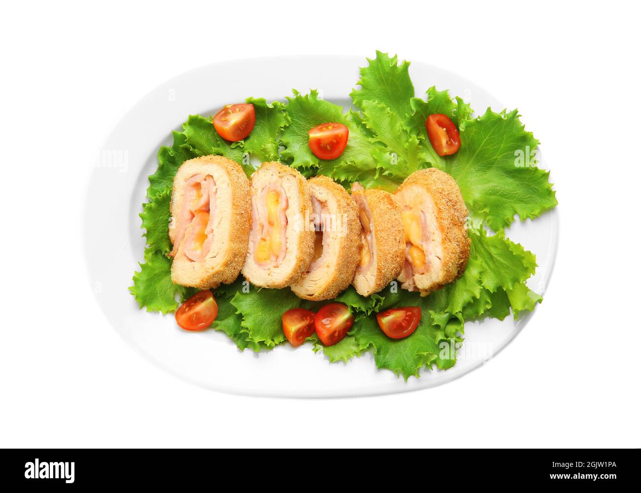 Plate with tasty chicken sliced roll on white background Stock Photo ...