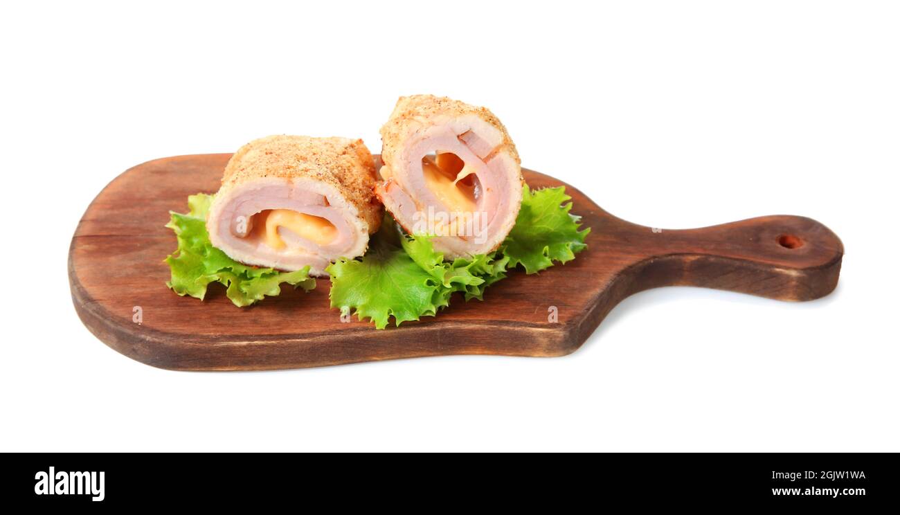 Wooden board with tasty chicken sliced roll on white background Stock ...