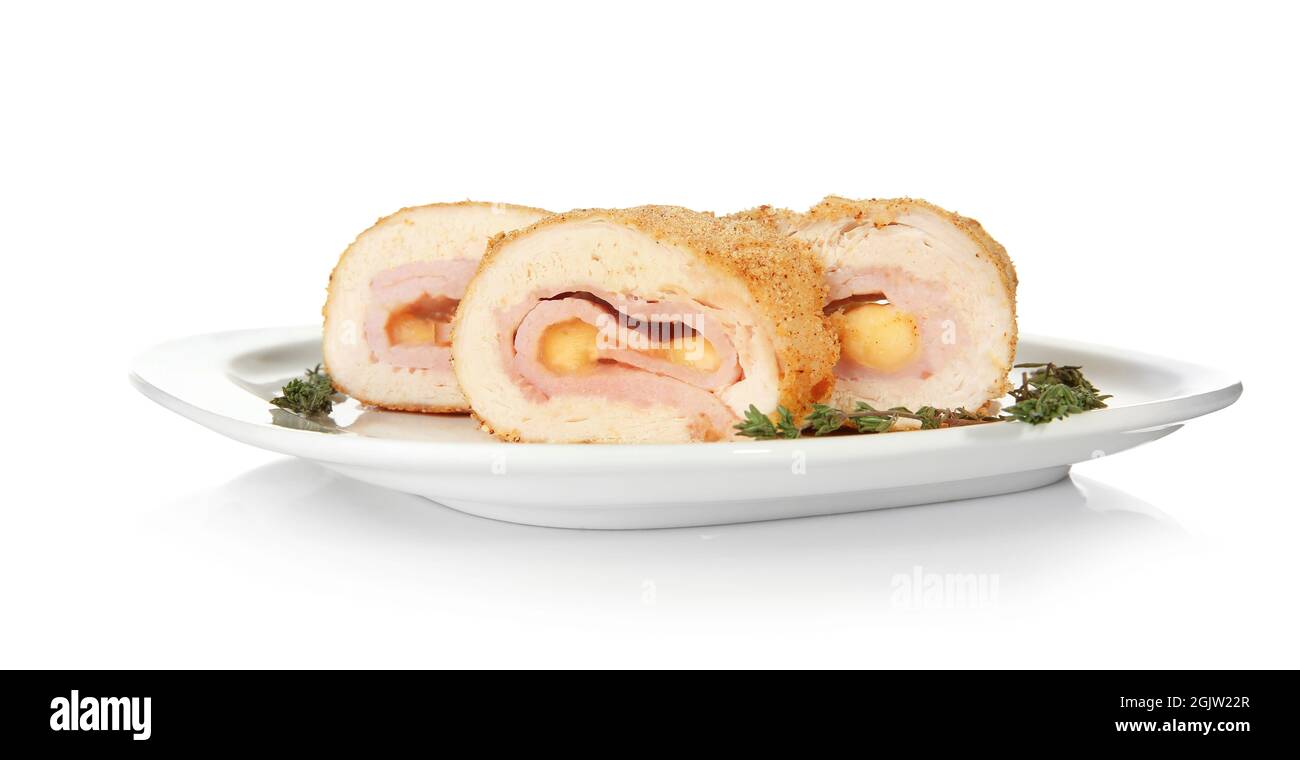Plate with tasty chicken sliced roll on white background Stock Photo ...